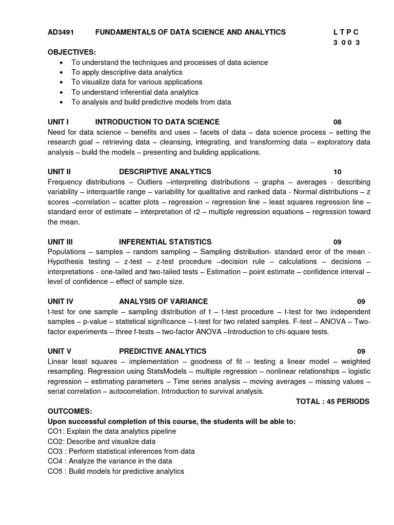 AD3491 FDSA Syllabus | PDF | Regression Analysis | Analysis Of Variance AD3491 FDSA Syllabus | PDF | Regression Analysis | Analysis Of Variance