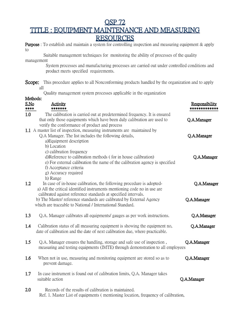 Equipment Maintenance and Measuring Equipment Procedure | PDF ...