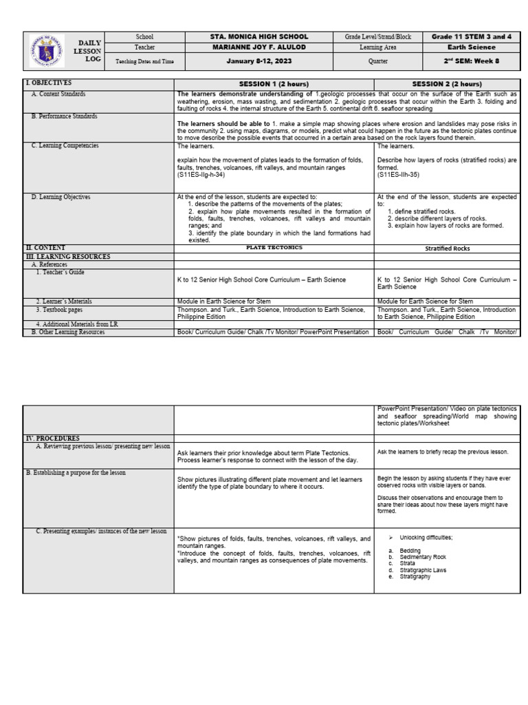 2NDSEM - DLL Q1 WEEK 8 - Earth Science | PDF | Stratigraphy | Geology