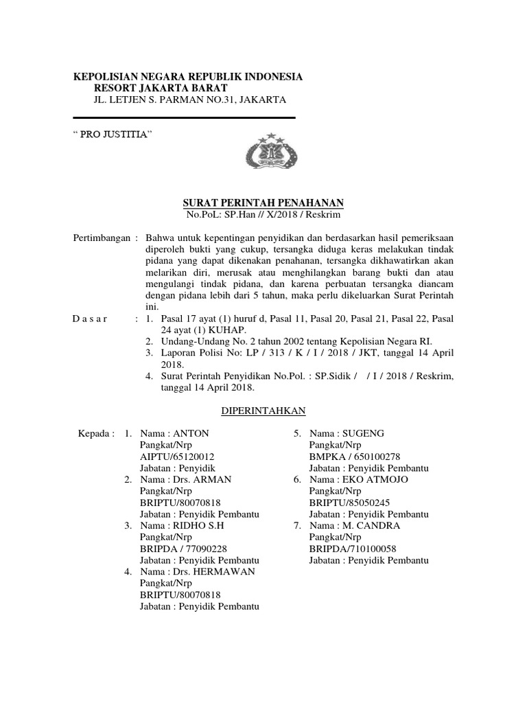 Contoh Surat Perintah Penahanan | PDF