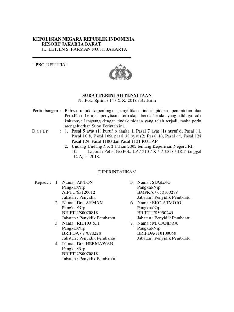 Contoh Surat Perintah Penyitaan | PDF