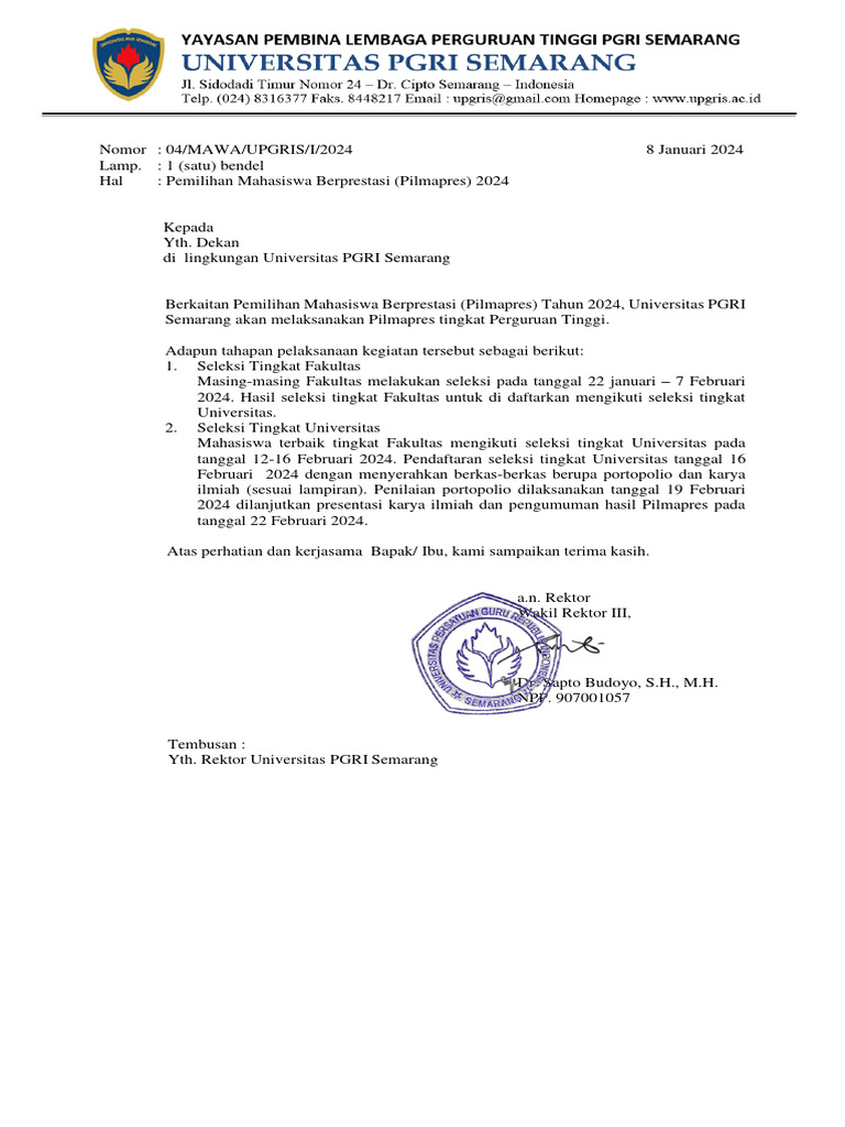 Pemilihan Mahasiswa Berprestasi (Pilmapres 2024) | PDF