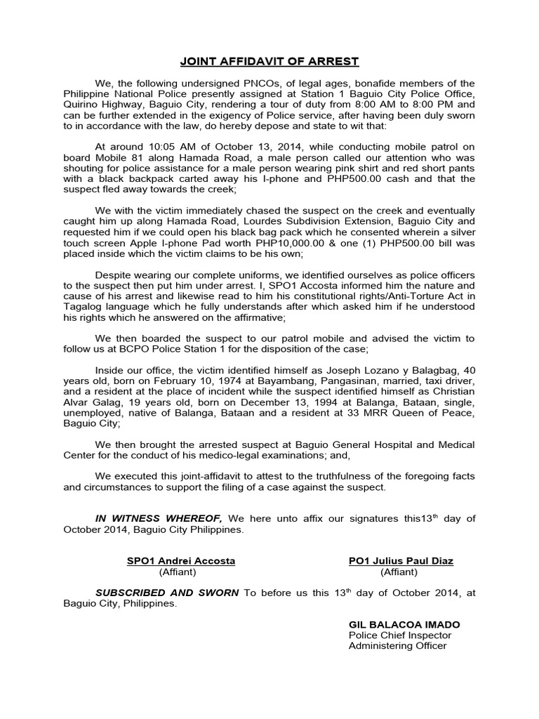 Joint Affidavit of Arrest | PDF | Law Enforcement | Crime & Violence