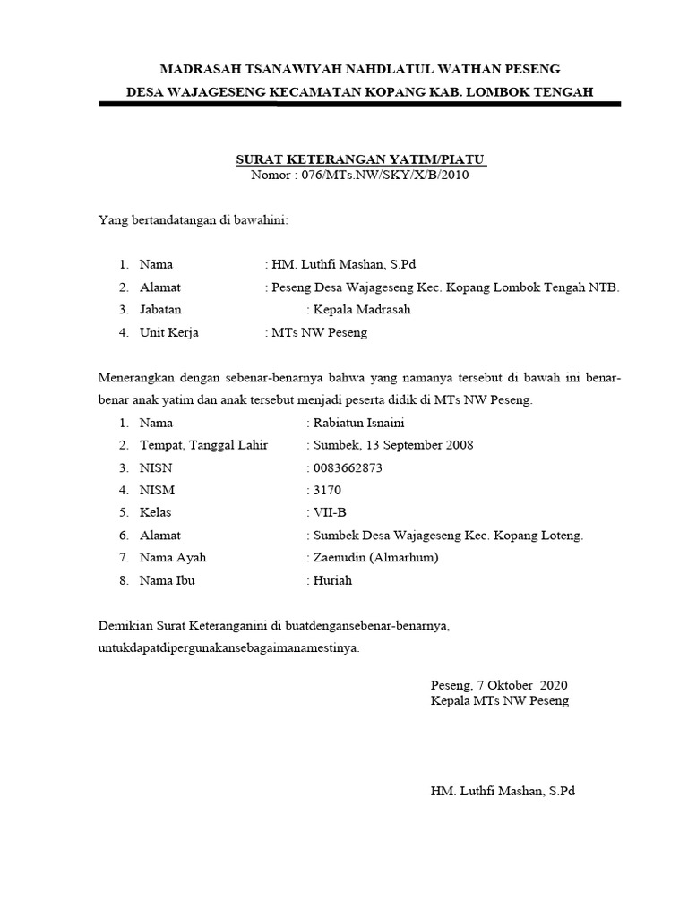 Surat Keterangan Yatim Piatu | PDF