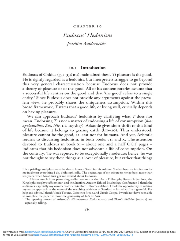 13.1 PP 185 202 Eudoxus Hedonism | PDF | Pleasure | Hedonism