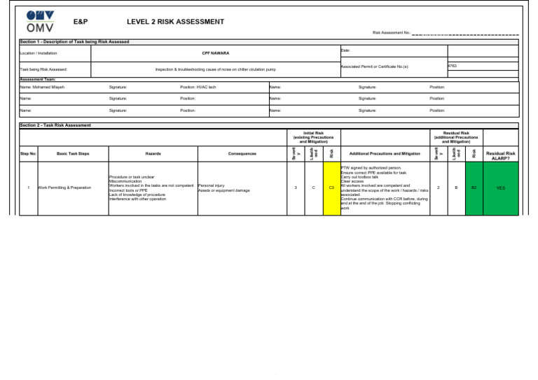 Level - 2 - Risk - Assessment CHILLER PUMP NAC | PDF | Risk | Personal Protective Equipment