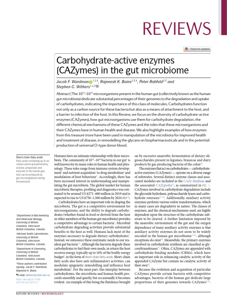 Reviews: Carbohydrate-Active Enzymes (Cazymes) in The Gut Microbiome ...