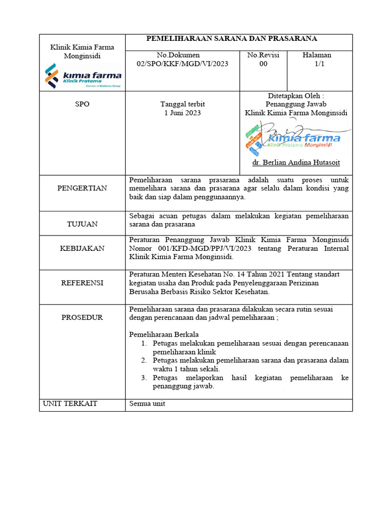Sop Pemeliharaan Sarana Dan Prasarana Monginsidi | PDF | Teknologi & Rekayasa