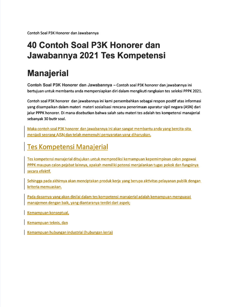 PDF Contoh Soal p3k Honorer Dan Jawabannya Compress | PDF