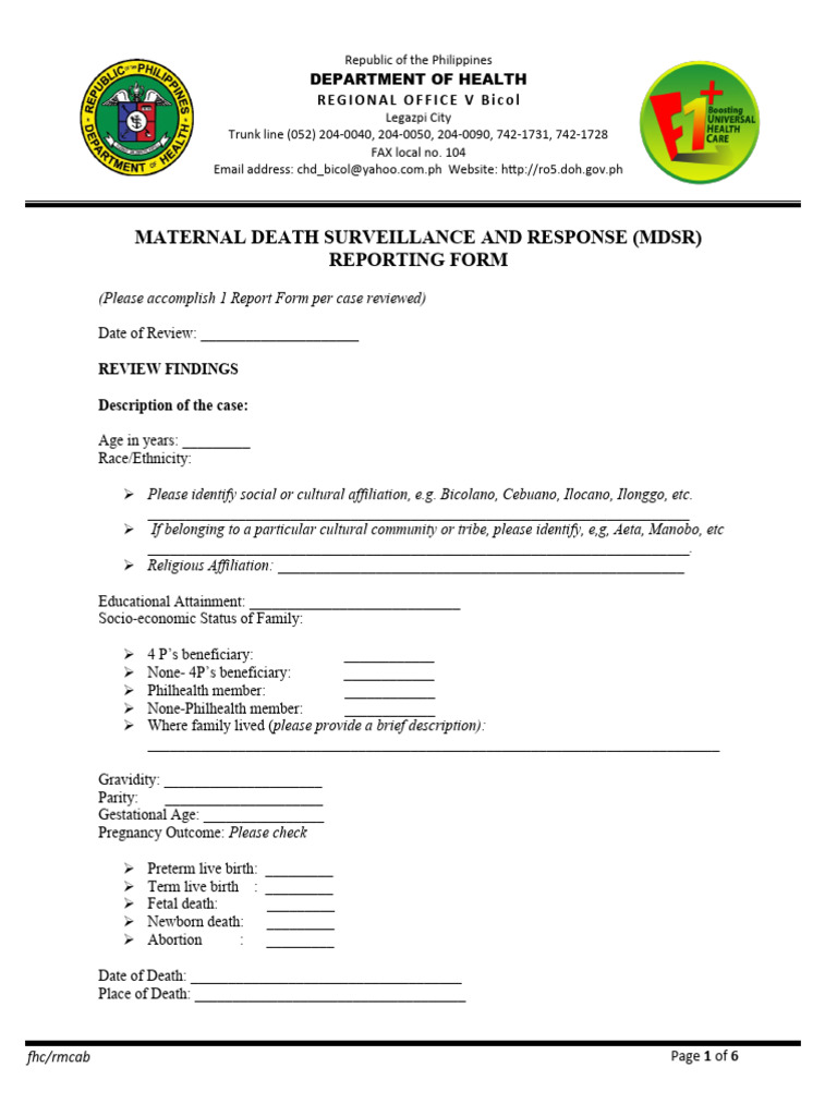 MATERNAL DEATH SURVEILLANCE AND RESPONSE - Reporting Form To Be ...