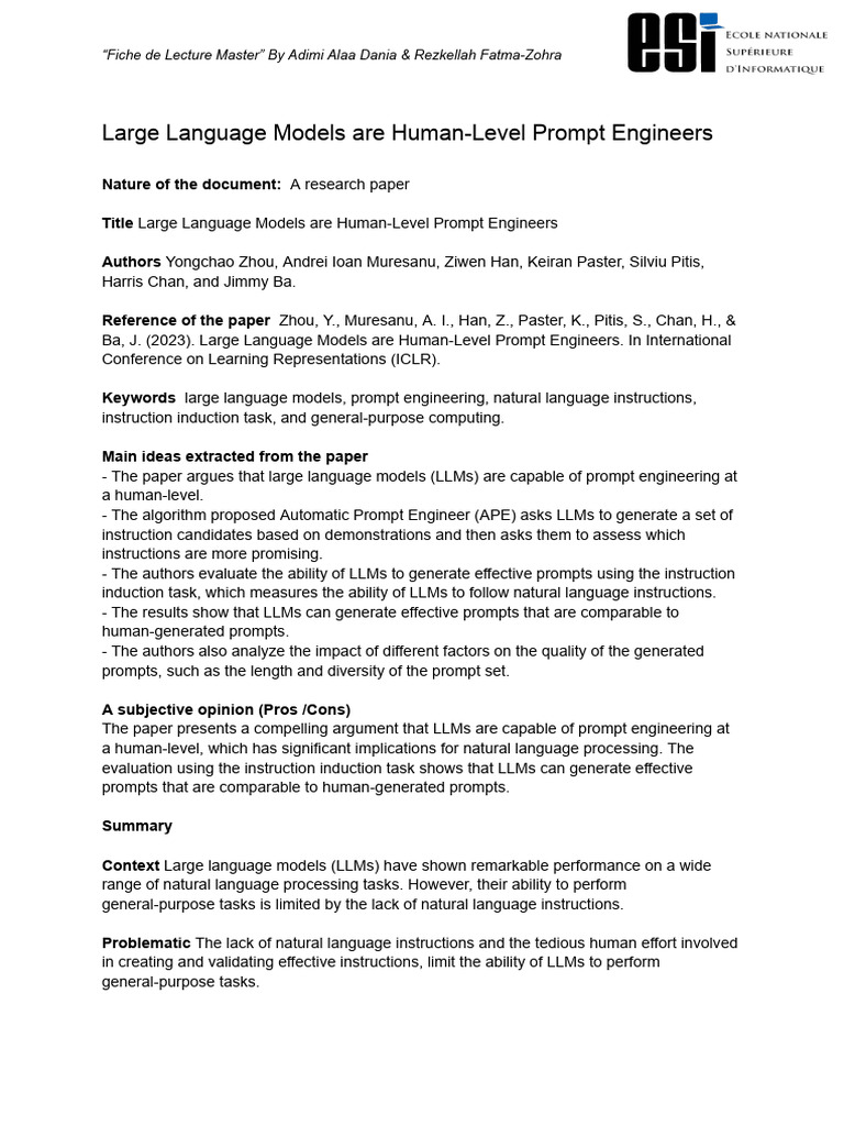 LLMs as Human-Level Prompt Engineers | PDF