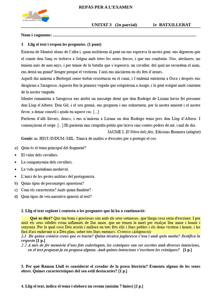 Repàs Unitat 3 (1r BAT) | PDF