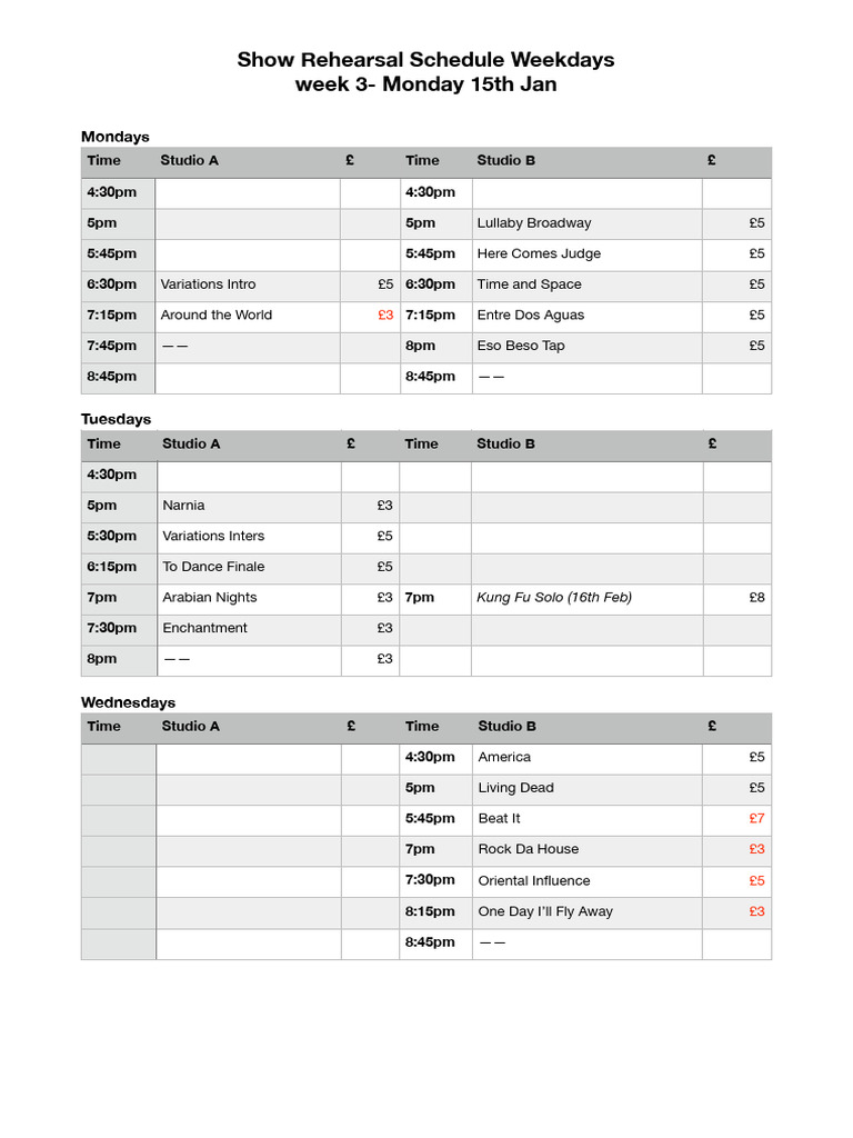 Show Rehearsal Schedule Weekdays 2024 UPDATED WEEK 3 | PDF