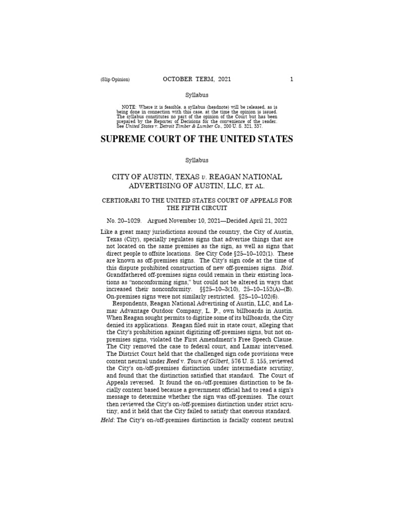 City of Austin v. Reagan Nat PDF | PDF | First Amendment To The United ...