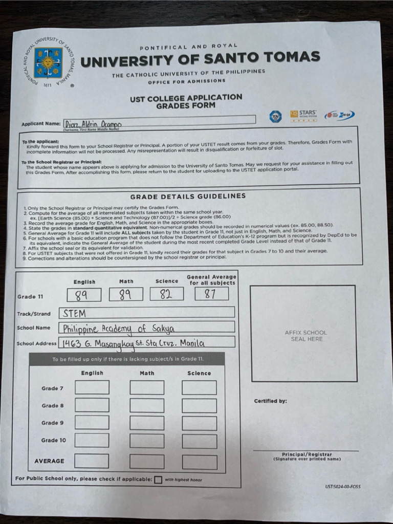 Application Grades Form | PDF