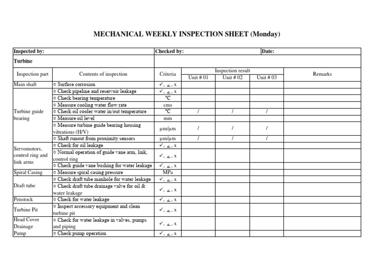 Mechanical Checksheet Day1 | PDF | Pump | Pipe (Fluid Conveyance)