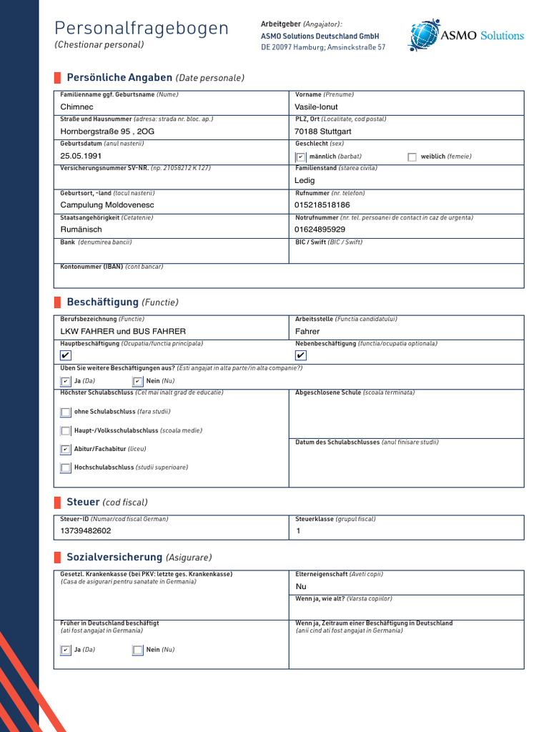 Personalfragebogen Nou Romania | PDF