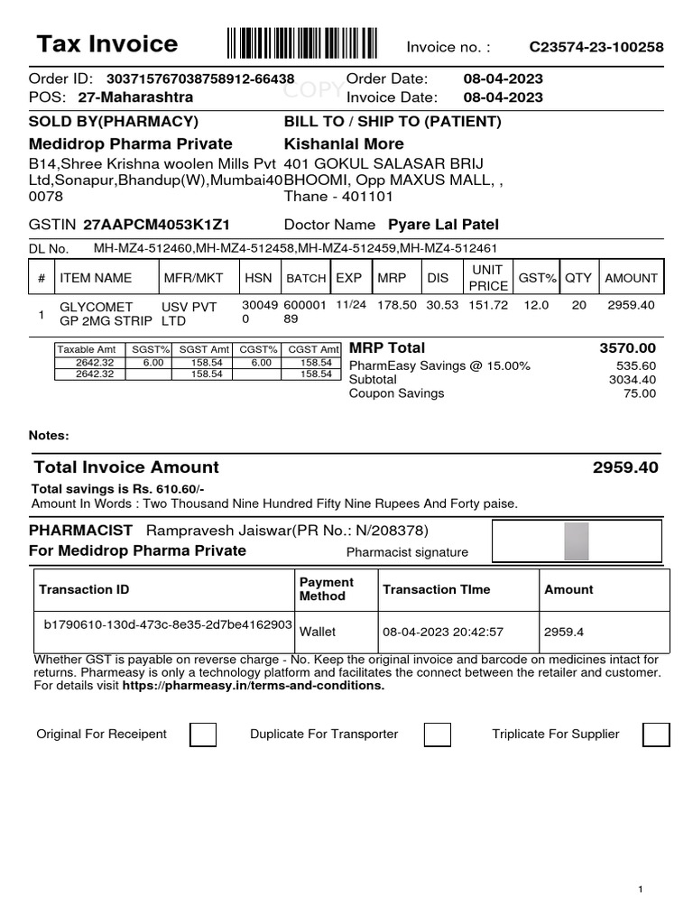Medidrop Pharma Invoice for Diabetes Medication | PDF | Invoice | Taxation