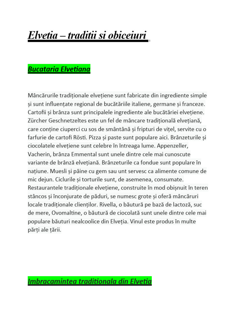 Elvetia-Cultura (Traditii Si Obiceiuri) | PDF