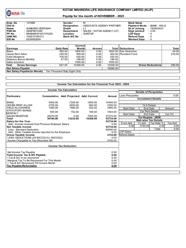 November 2023 Payslip - Emp. 147988 | PDF | Alternative Minimum Tax | Taxes
