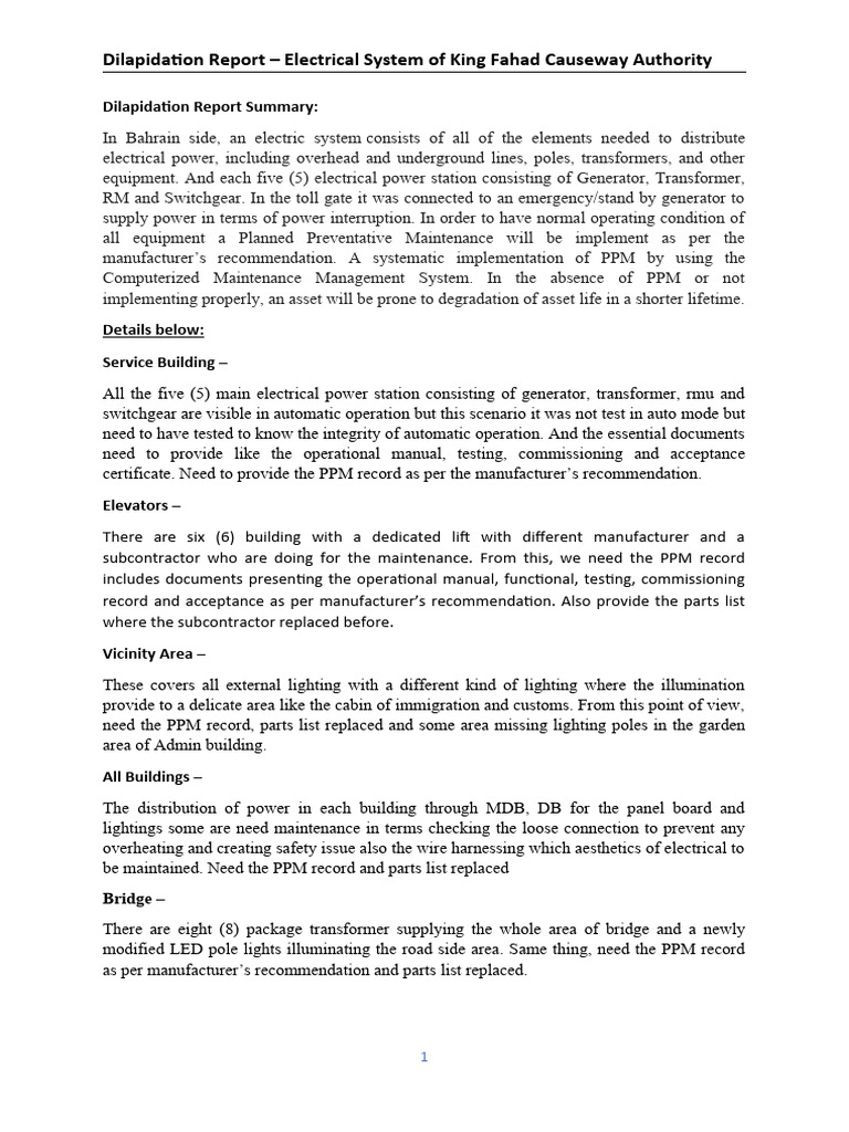 KFCA Dilapidation Electrical System Report Summary - Bahrain Side | PDF ...