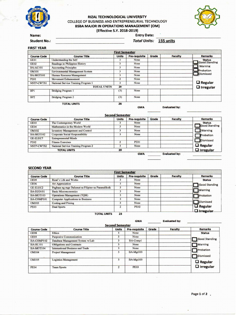 BSBA Operations Management - Curriculum Checklist | PDF