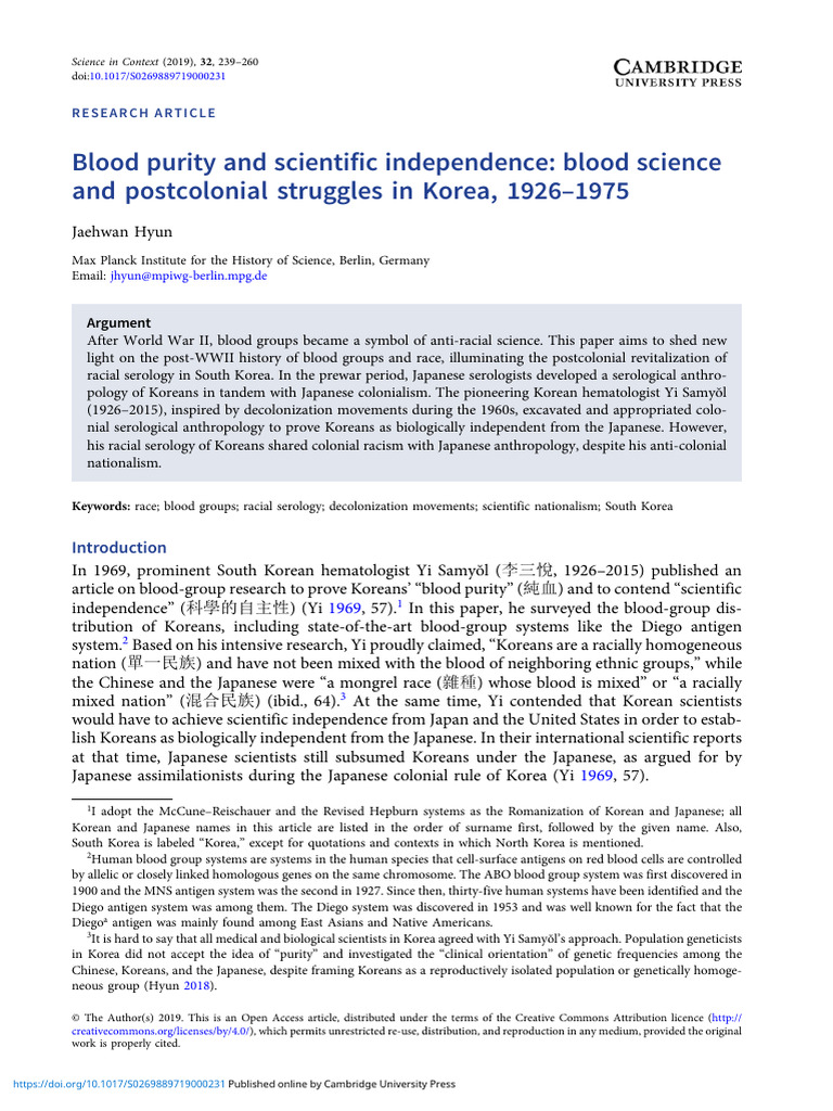 Blood Purity and Scientific Independence: Blood Science and ...