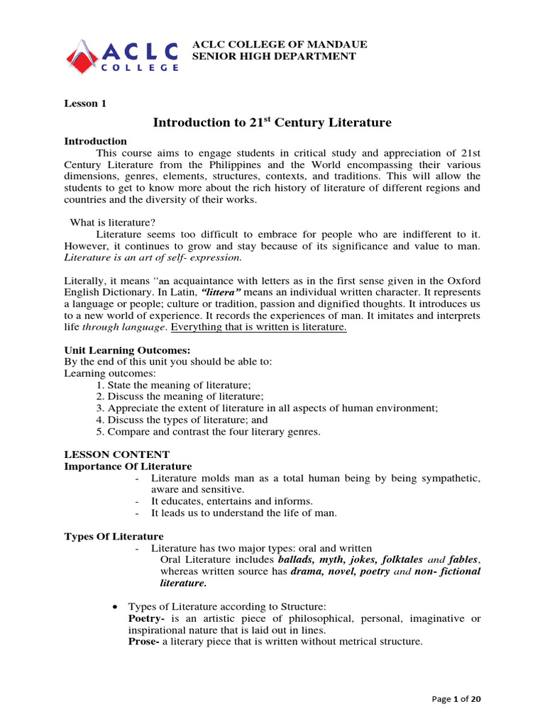 LESSONS 21st Century Literature | PDF | Poetry | Plot (Narrative)