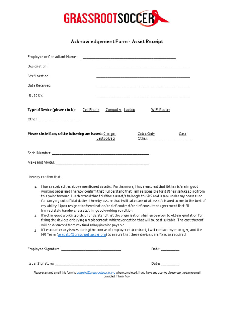 Acknowledgement Form - Asset Receipt | PDF | Receipt | Economies
