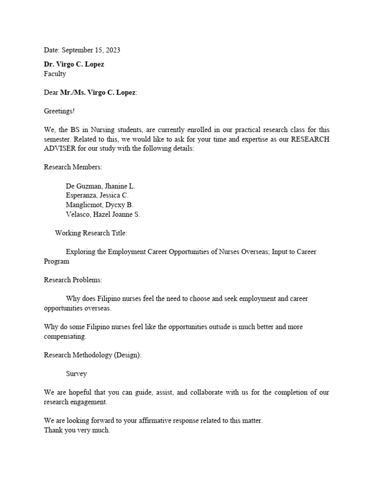 Sample Letter To Research Adviser | PDF