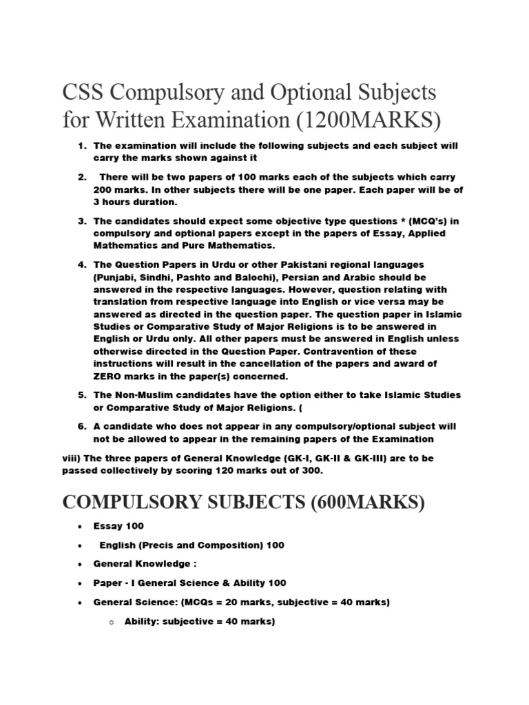 CSS Compulsory and Optional Subjects For Written Examination | PDF ...