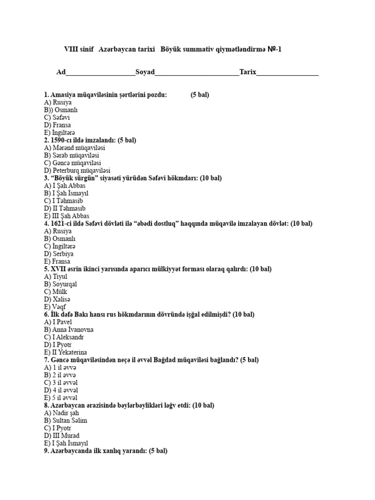 8-Ci Sinif Az Tarixi BSQ-1 | PDF