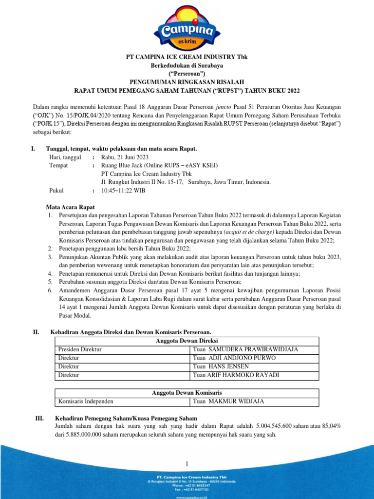IN Ringkasan Risalah RUPS CAMP 2023 | PDF | Pengelolaan Keuangan & Uang ...