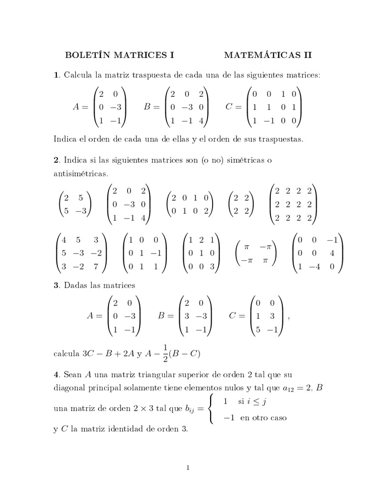 Boletín 1 matrices | PDF | Matriz (Matemáticas) | Matemáticas