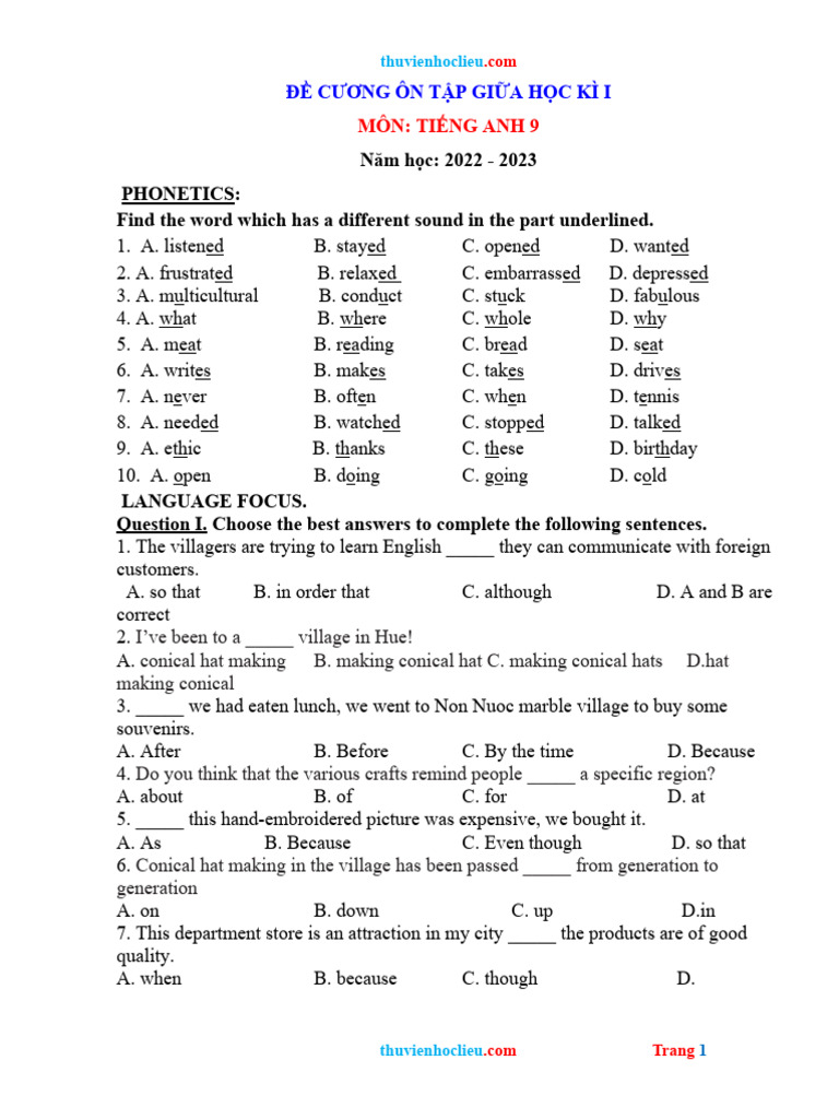 De Cuong On Tap TIENG ANH 9 Thi Diem Giua HK1 Nam 2022 2023 | PDF | English Language | Linguistics