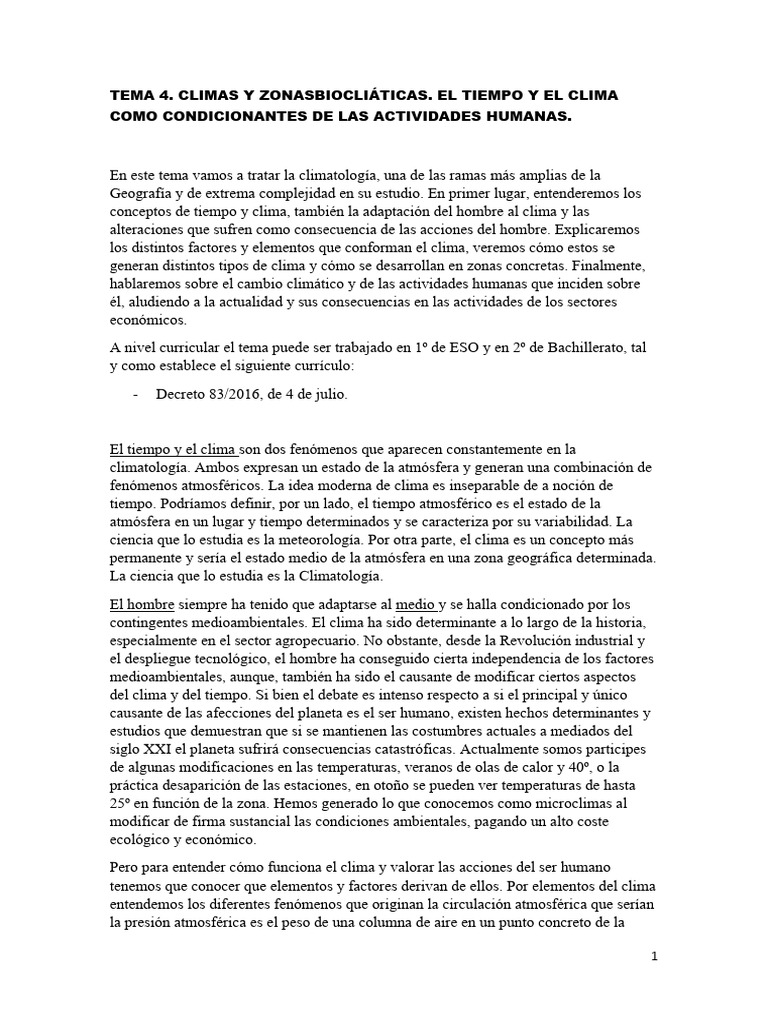 Tema 4 Climas y Zonas Bioclimáticas. El Tiempo y El Clima Condicionante Actividad Humana ...