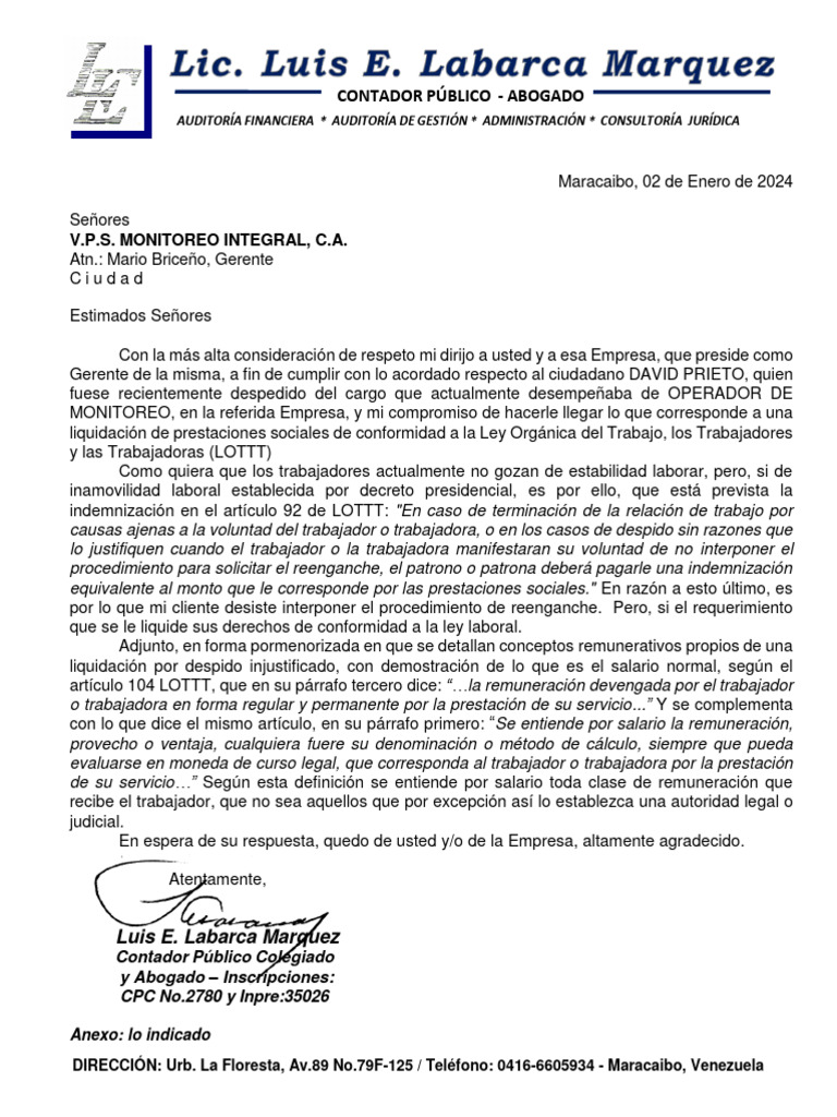 David Prieto - Carta Detalle de Liquidación Prest Sociales Enviada A La ...