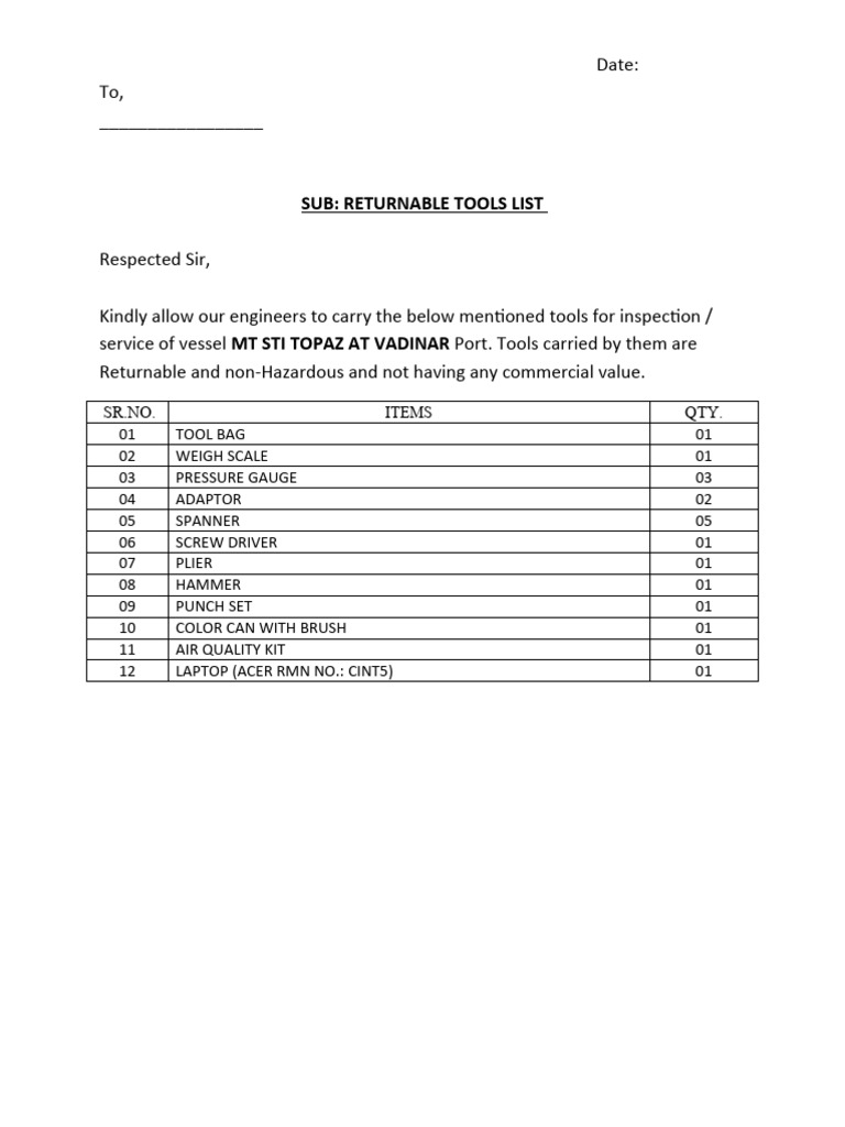 Returnable Tools List - Sti Topaz | PDF