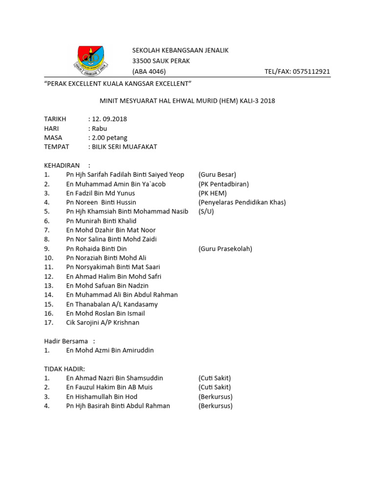 Minit Mesyuarat Hem 1 2019 | PDF