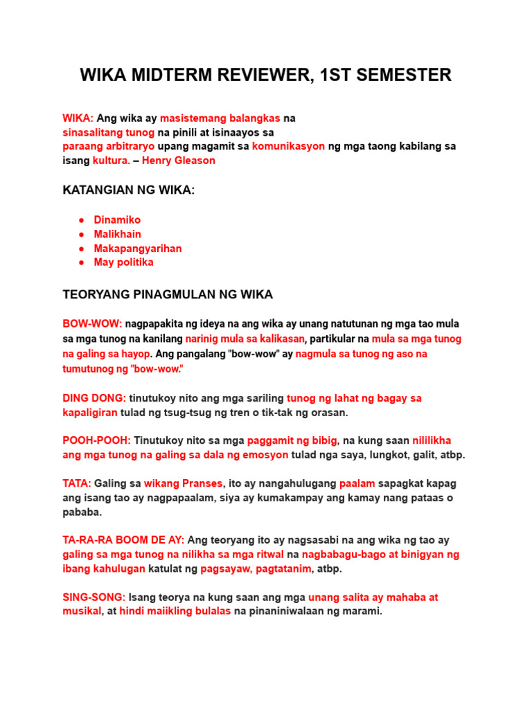 Wika Midterm Reviewer, 1ST Semester | PDF