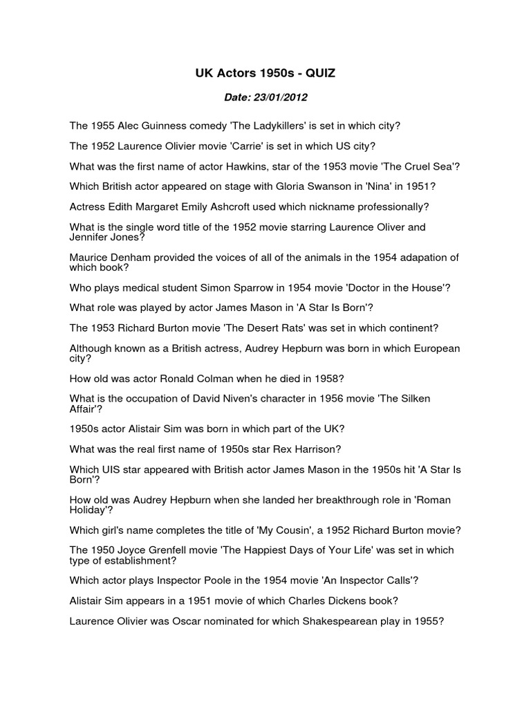 UK Actors 1950s QUIZ 100 | PDF | Art | Classics