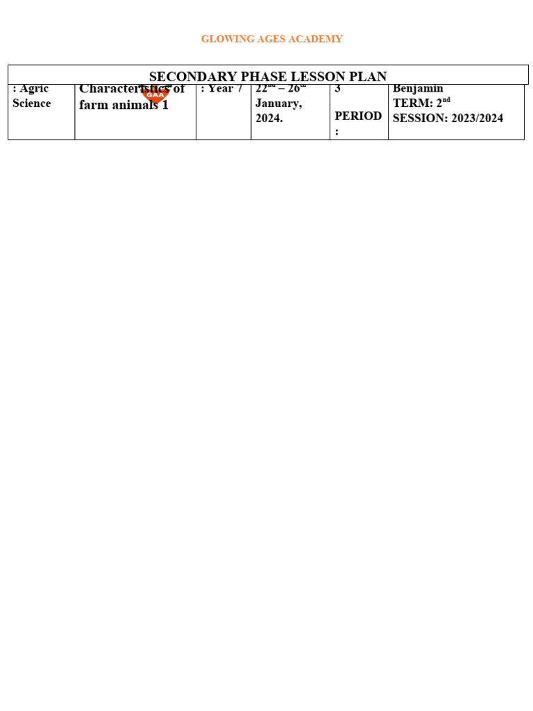 Agric Science Year 7 Term 2 Lesson Plan Week 3 Characteristics of Farm ...
