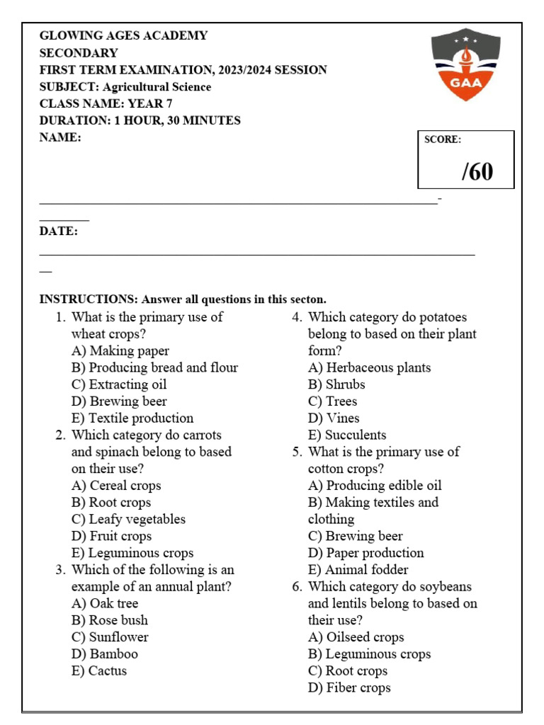 Agric Science Year 7 Term 1 Examination | PDF | Crops | Foods