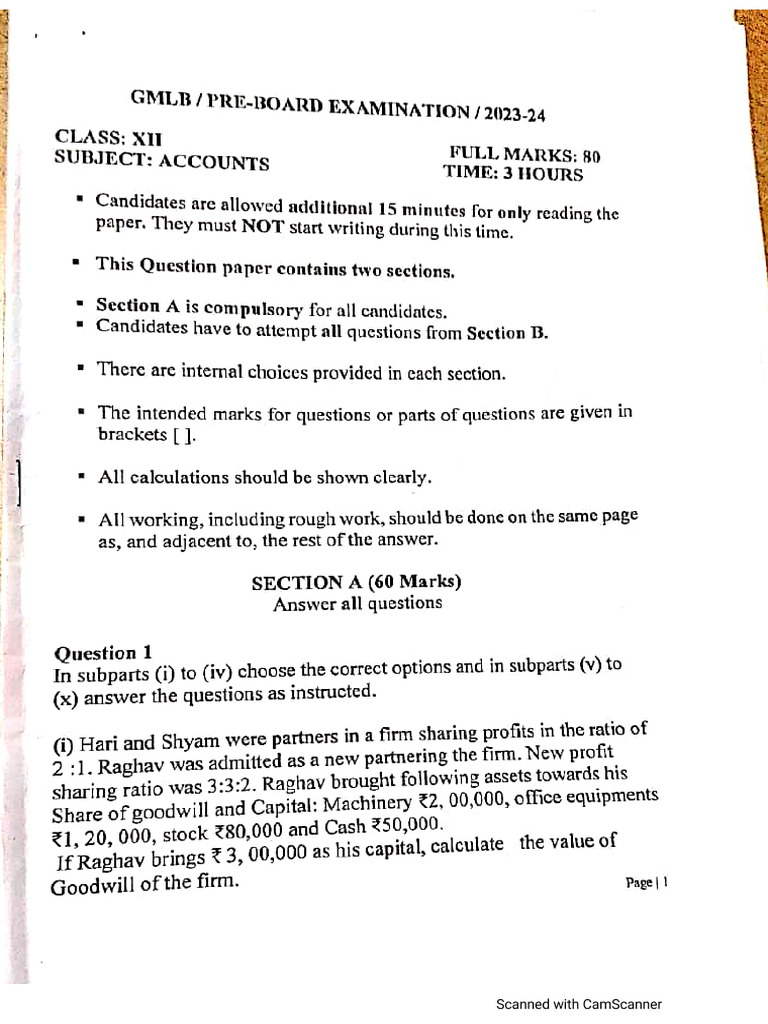 Class 12 Accounts Pre Boards Paper | PDF