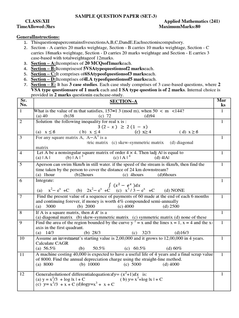 SQP (241) Applied Maths 12 SET-3 | PDF | Interest | Mathematics