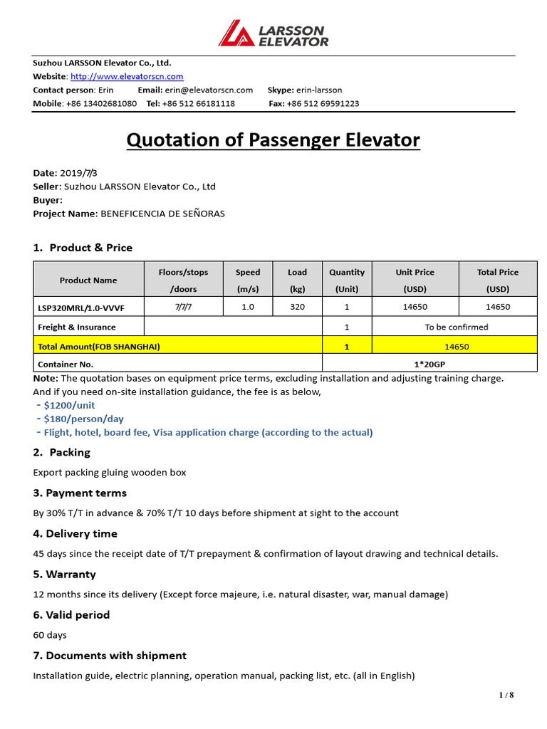 Quotation of Passenger Elevator | PDF | Elevator | Door