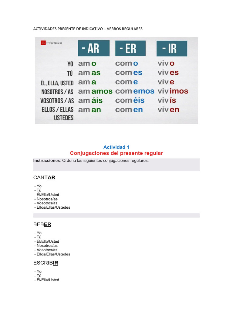 Actividades Presente de Indicativo Regulares | PDF