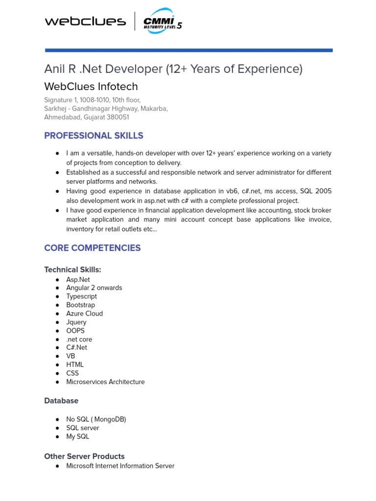 Anil R - CV - .Net Developer - 12+ Years - WebClues Infotech | PDF
