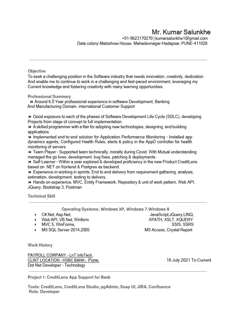 Dot Net Developer Resume Summary | PDF | Microsoft Sql Server | Computer Programming