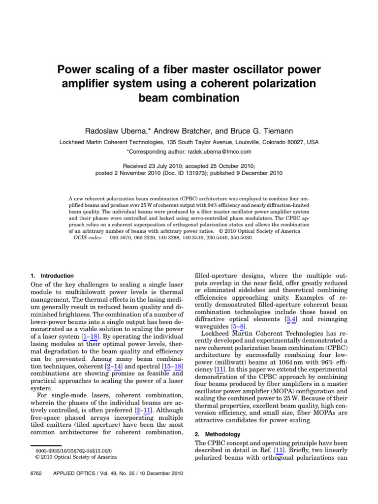 Power Scaling of A Fiber Master Oscillator Power | PDF